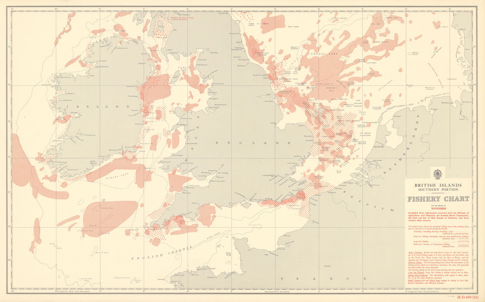 British Isles South November Fishery Chart English Channel North Sea ...