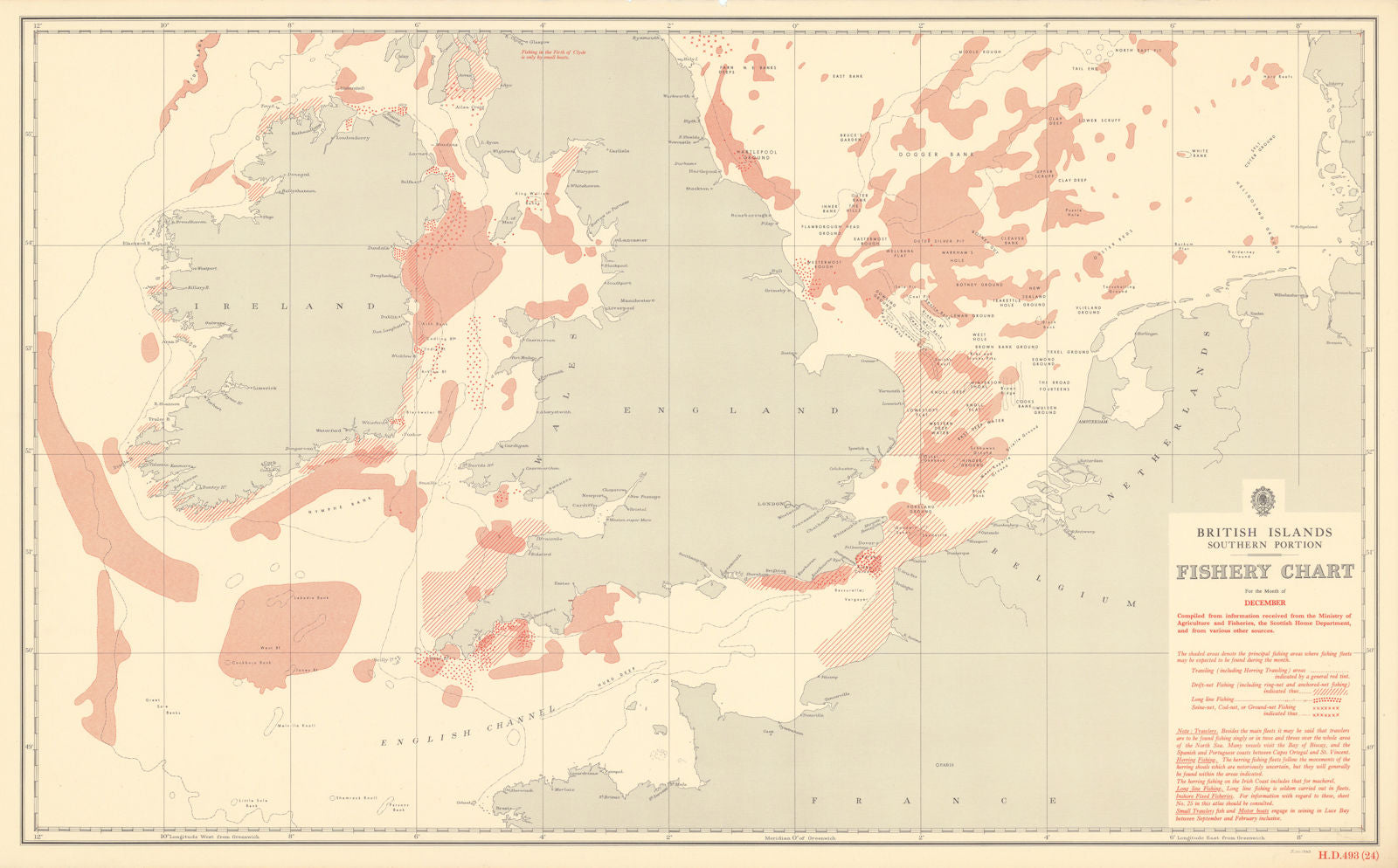 British Isles South December Fishery Chart English Channel North Sea ...
