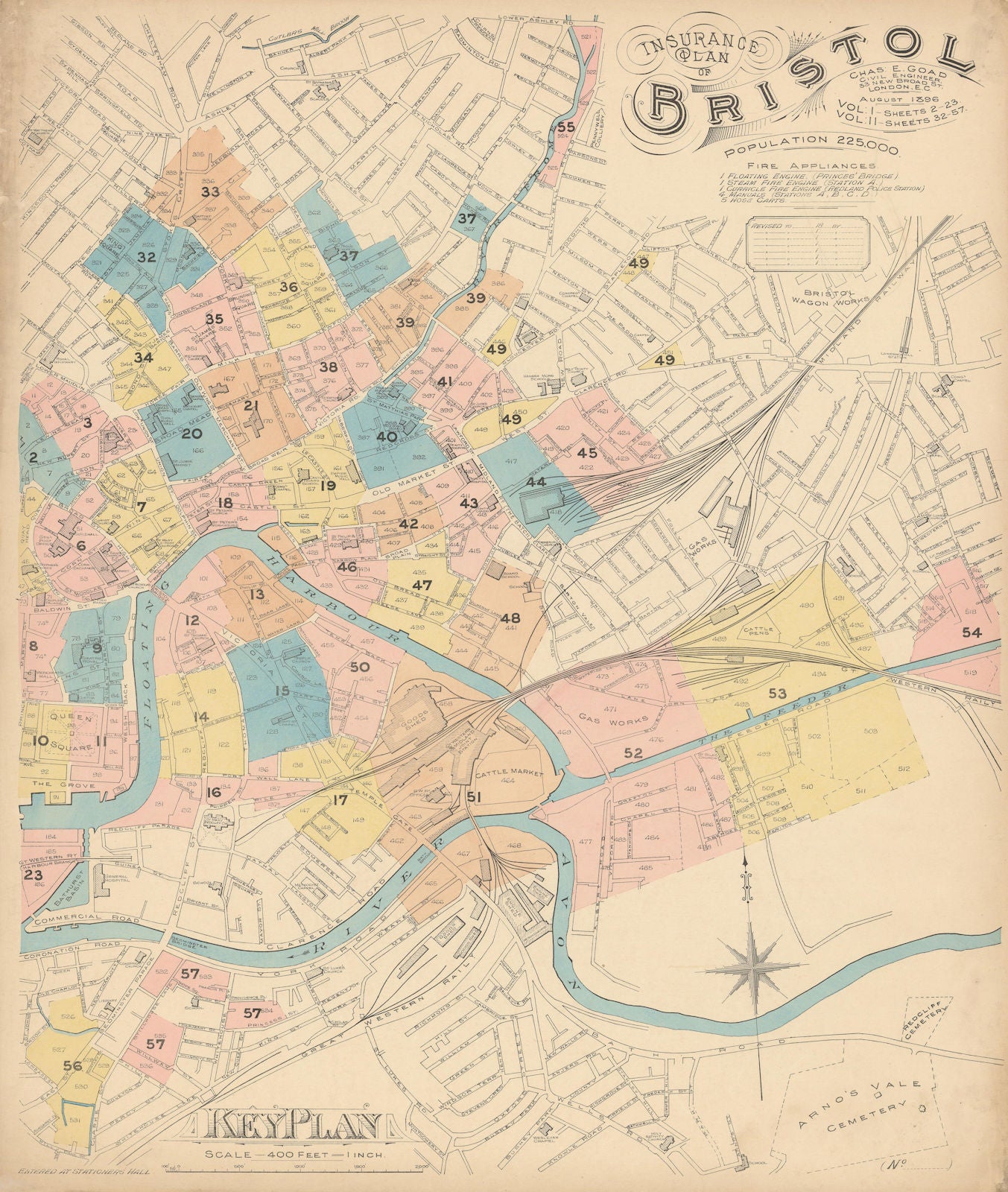 Charles Goad Insurance Key Plan of Bristol. City Centre 1896 old ...