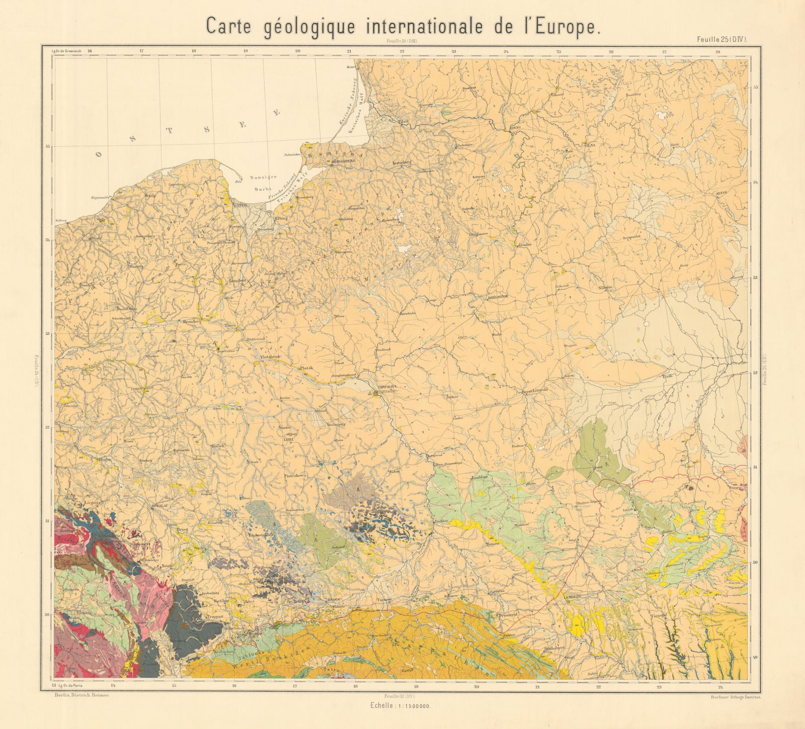 Geological map Poland, Lithuania. Western Belarus & Ukraine. BEYSCHLAG ...